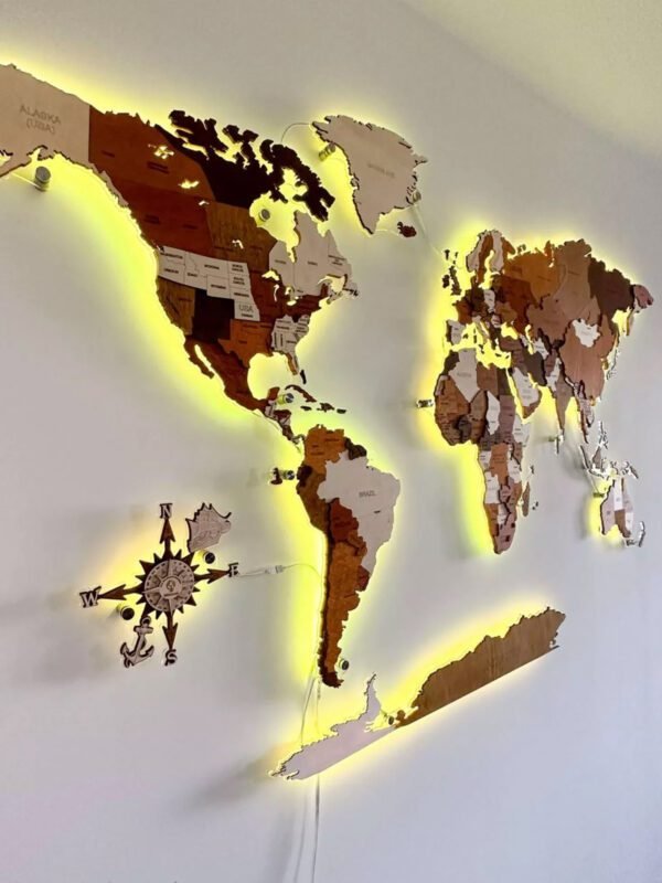 Premium 3D LED Wooden World Map - Map of Wood